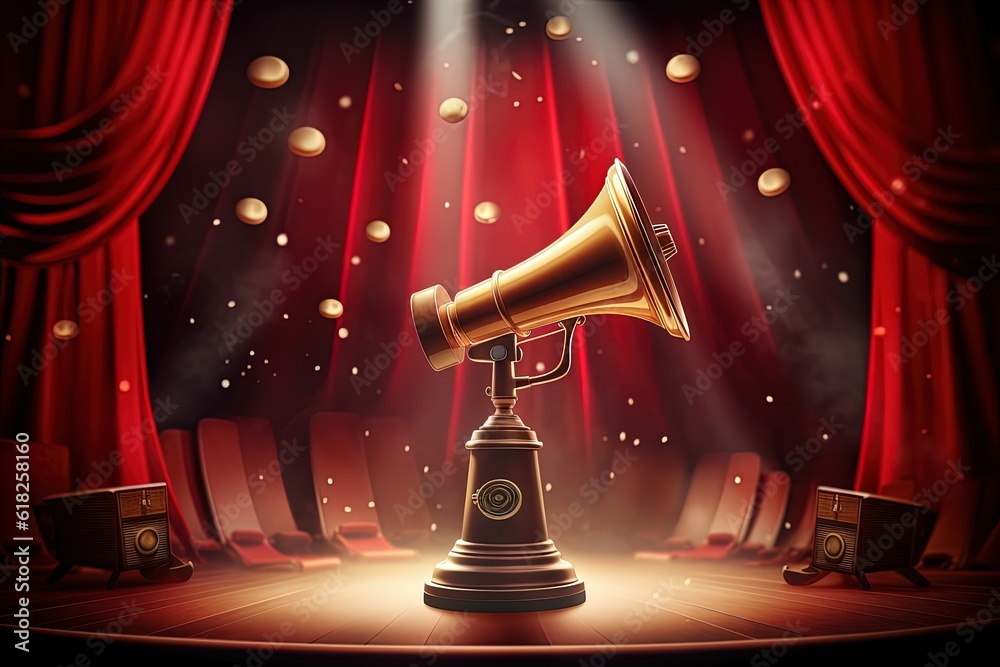 Megaphone on presentation stage with spotlight lights and red curtain ...