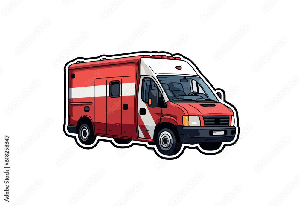 Vector illustration of a sticker with an image of an ambulance car on a ...