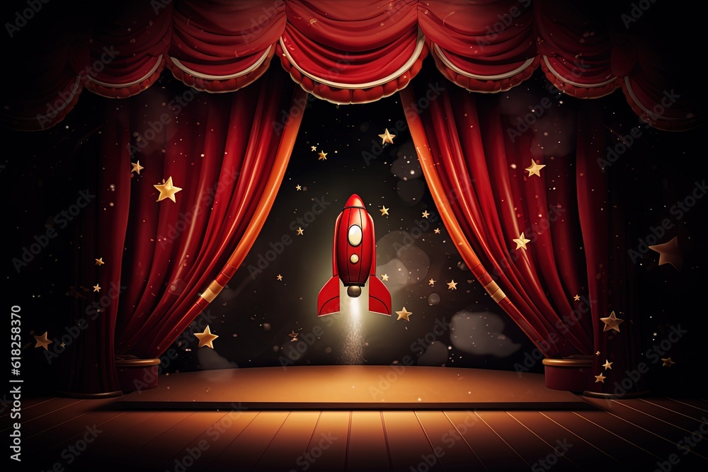 Rocket taking off on top of presentation stage with lights and red ...