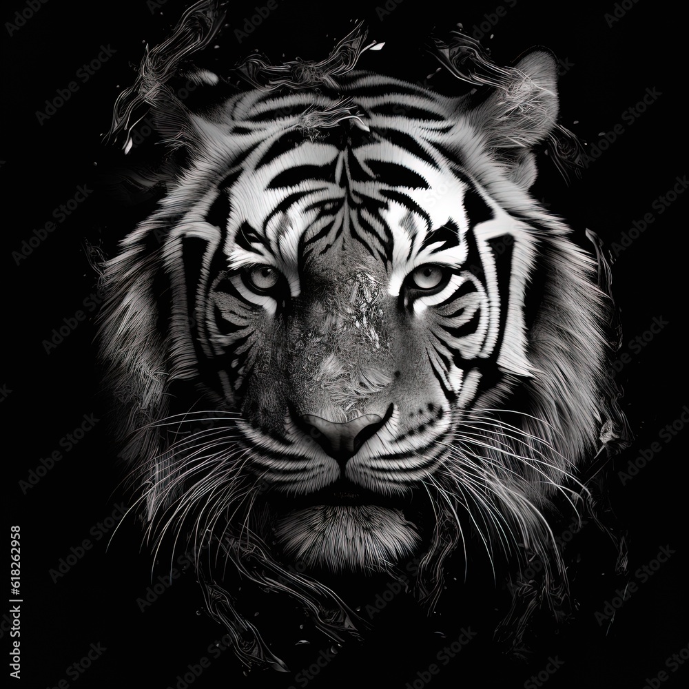 tiger. An artistic, schematic black-and-white portrait of a tiger ...