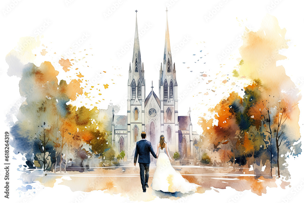 Watercolor Catholic Church with Bride and Groom Isolated on White ...