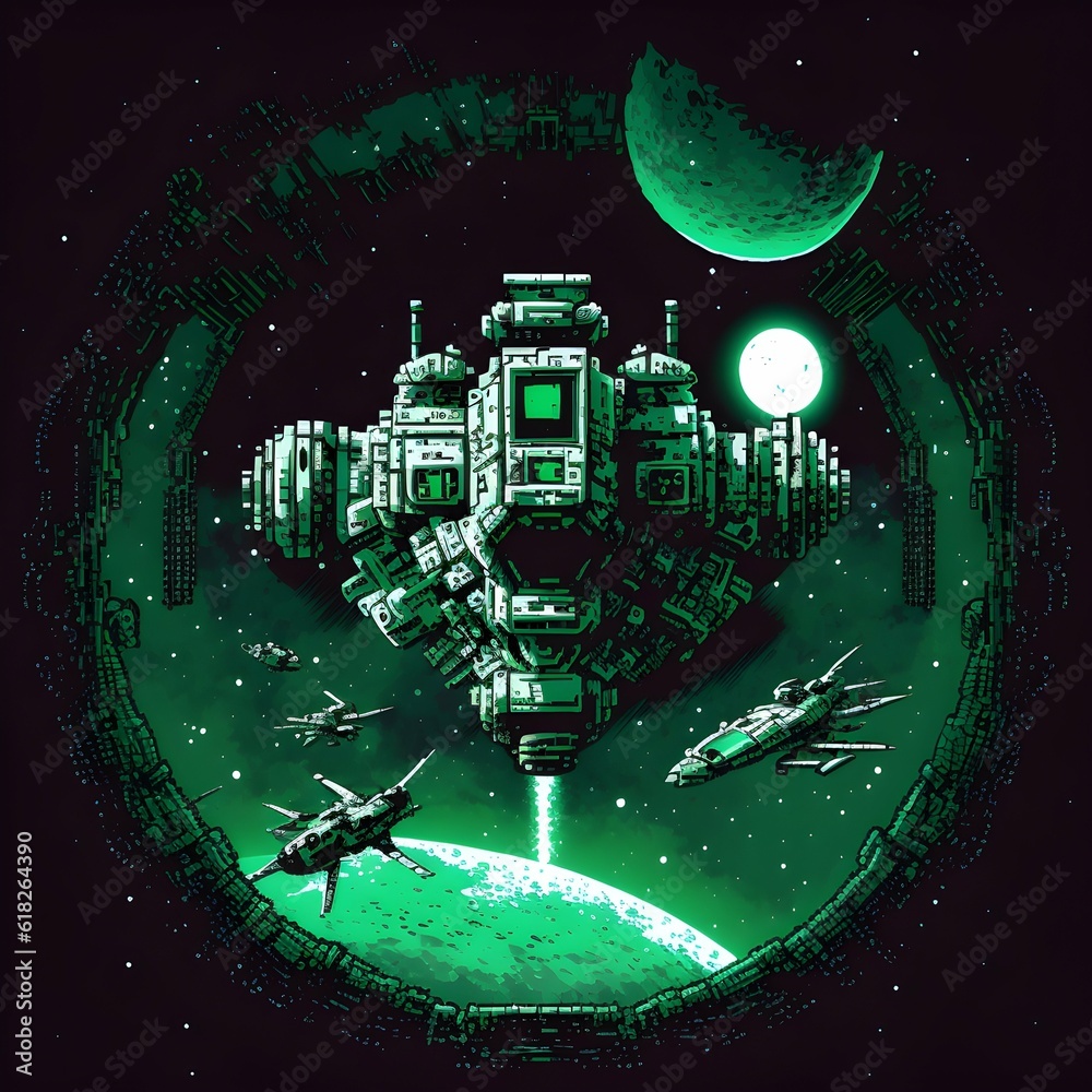 pixel art space station installation in murky green nebula docking ring ...