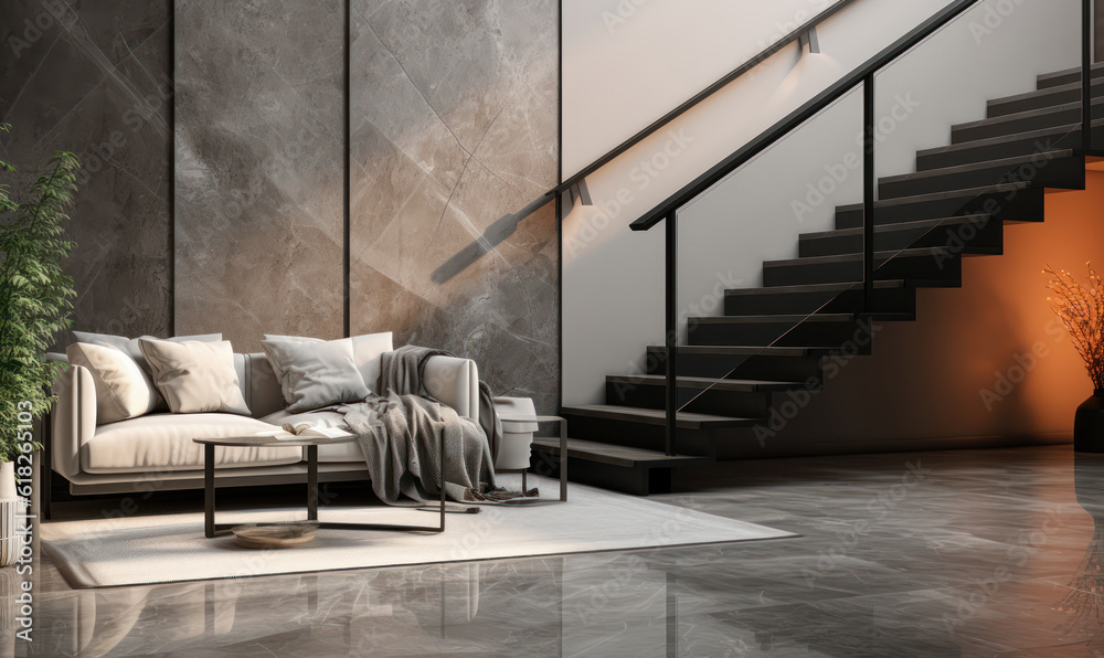 Luxury, modern gray marble stone stair, staircase tempered glass panel ...
