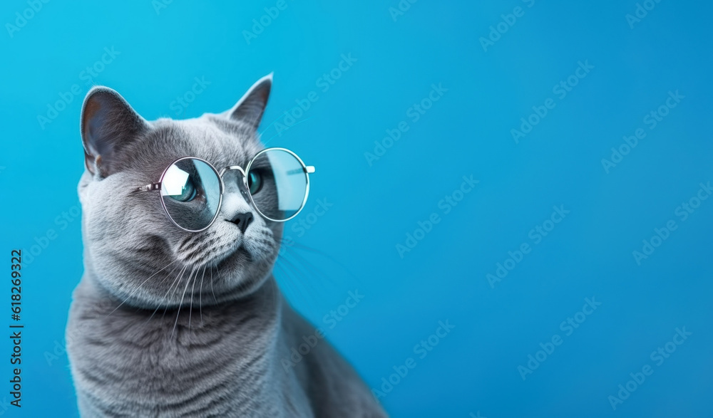 Grey cat in glasses looking to side at blank copy space on blue ...