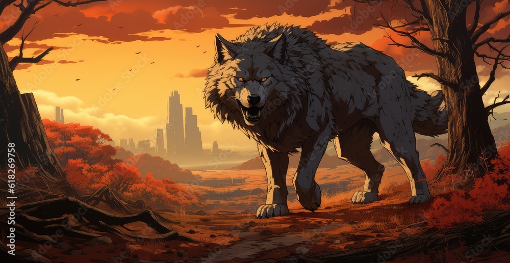 Comics anime style painting of a majestic wolf. Stock Illustration ...