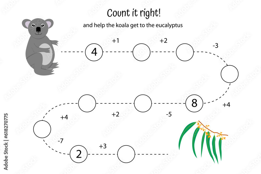 Vetor de Math game for kids. Help the koala get to the food. Addition ...