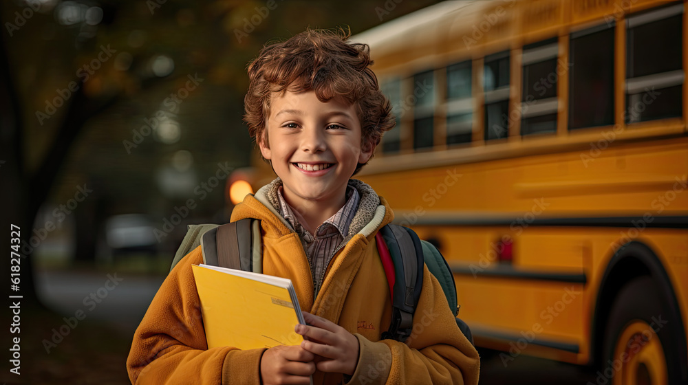 Elementary school boy at the front of the school bus queue Stock ...