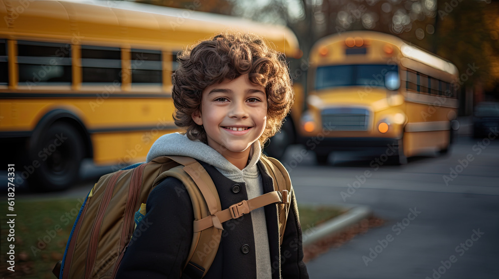 Elementary school boy at the front of the school bus queue Stock ...