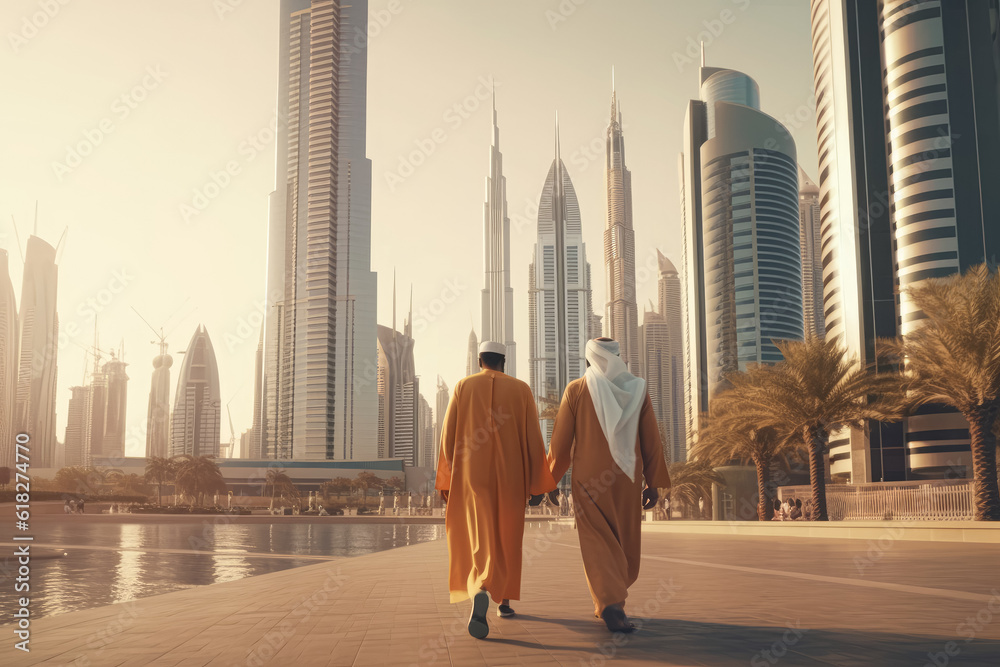 Two Arabs dressed in traditional Arab clothes are walking along the ...