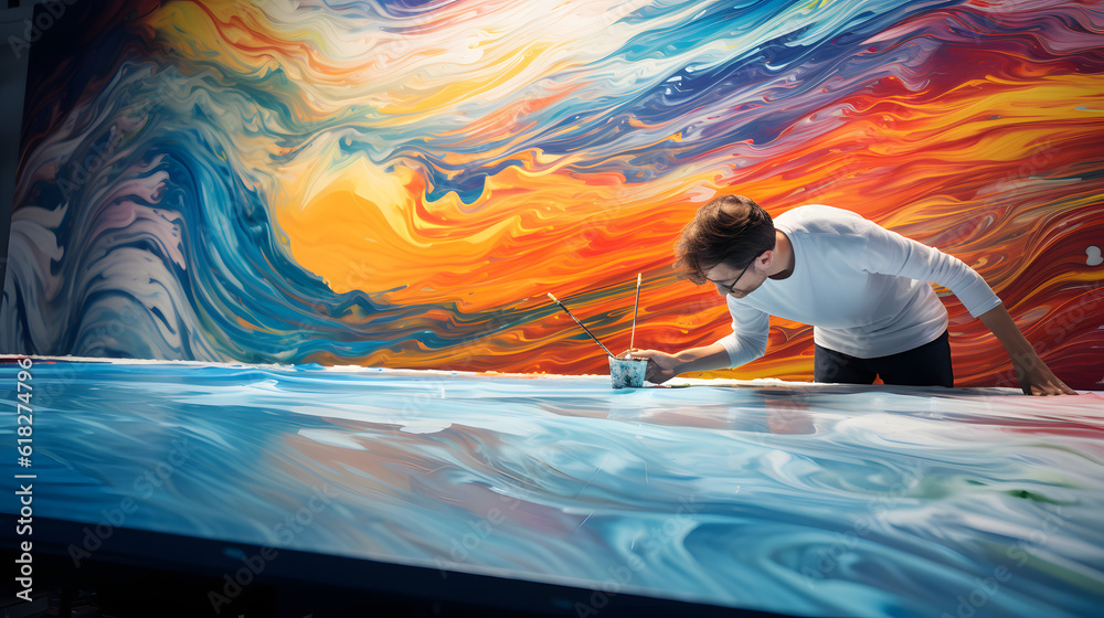 Portray an artist creating a painting using sound waves in a modern ...