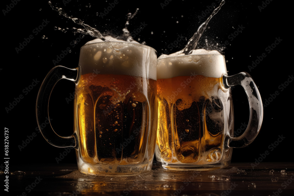 Two beer mugs clinking together, spilling the frothy drink around. The ...
