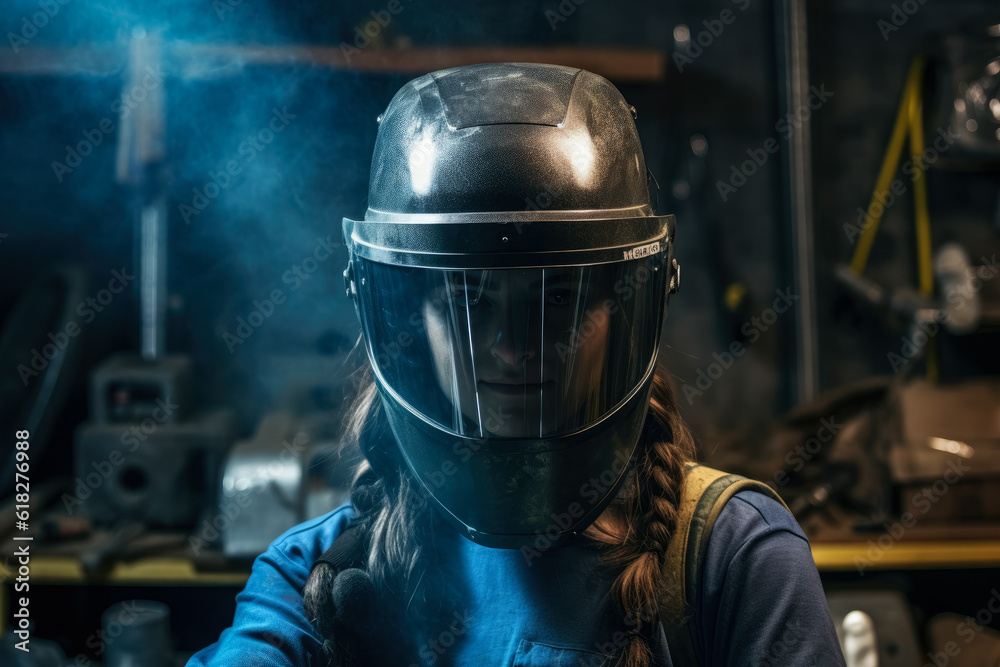 Woman with welding helmet on her head in a workshop. Female welder ...