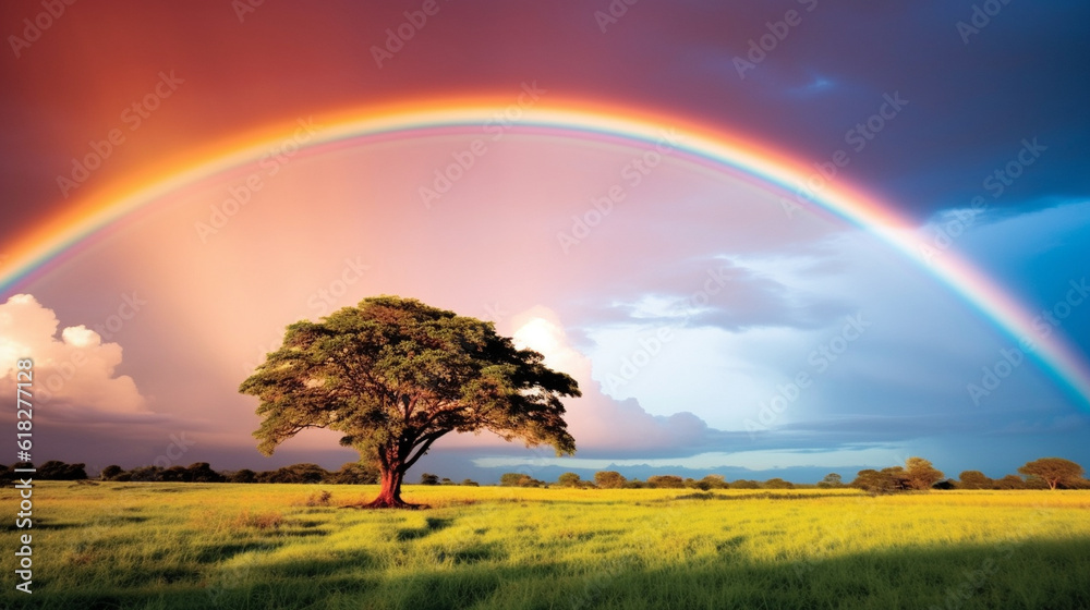 A radiant rainbow stretching across the horizon after a refreshing ...