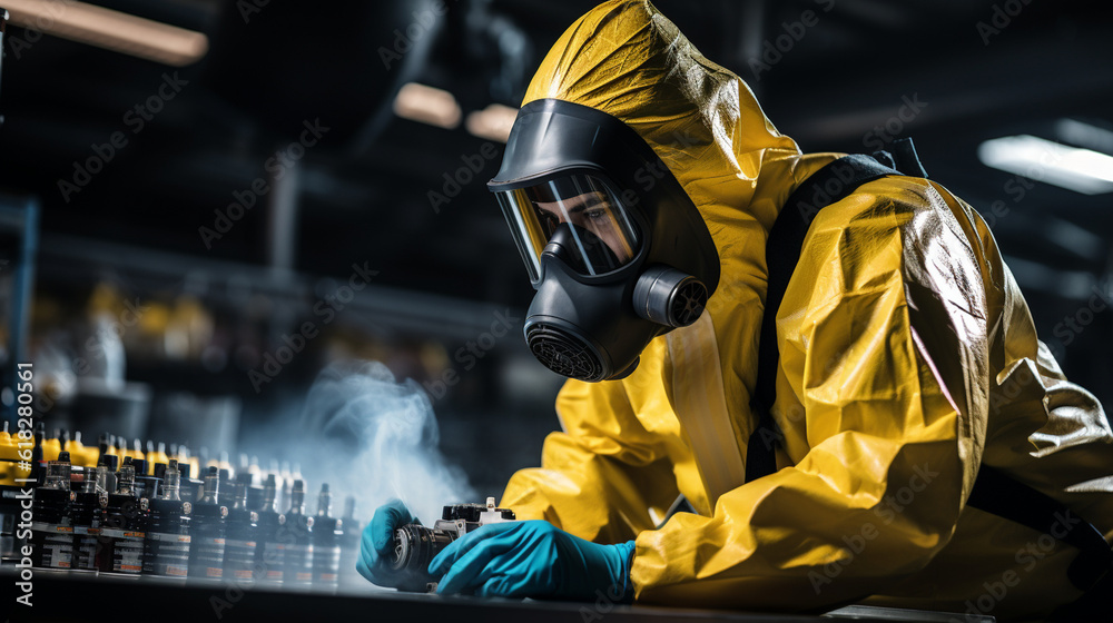 A chemical expert dressed in protective attire, including a safety suit ...