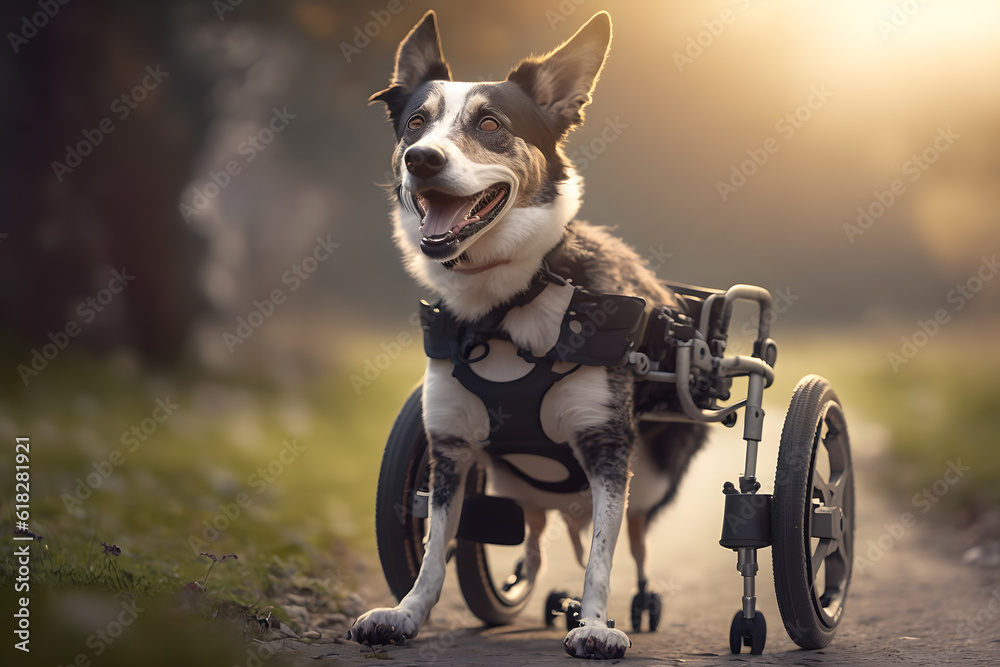 Handicapped dog in wheelchair at park, pet disabled walk in summer day ...