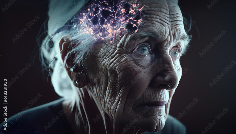 Concept dementia, memory loss. Senior old woman losing parts of head as ...