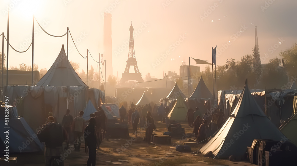 Refugee tent camp around Eiffel Tower in Paris city France, sun light ...