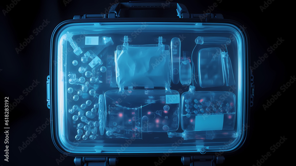 ภาพประกอบสต็อก Security xray scan of bag with smuggling capsules drugs ...