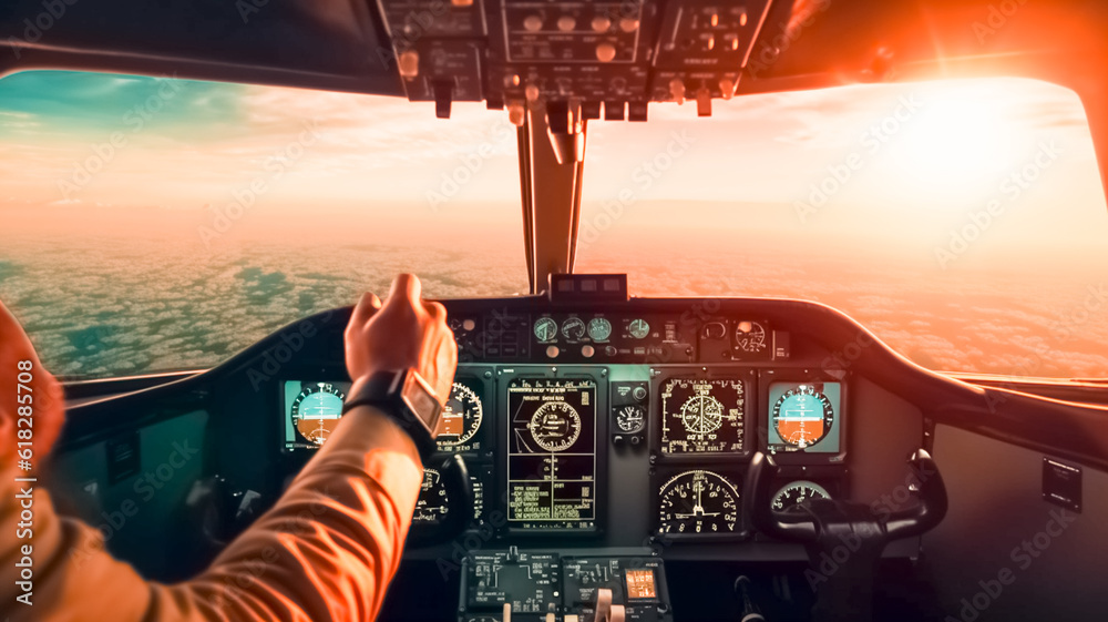 Male pilot at work of private jet. Cloudy sky and sunset view from the ...