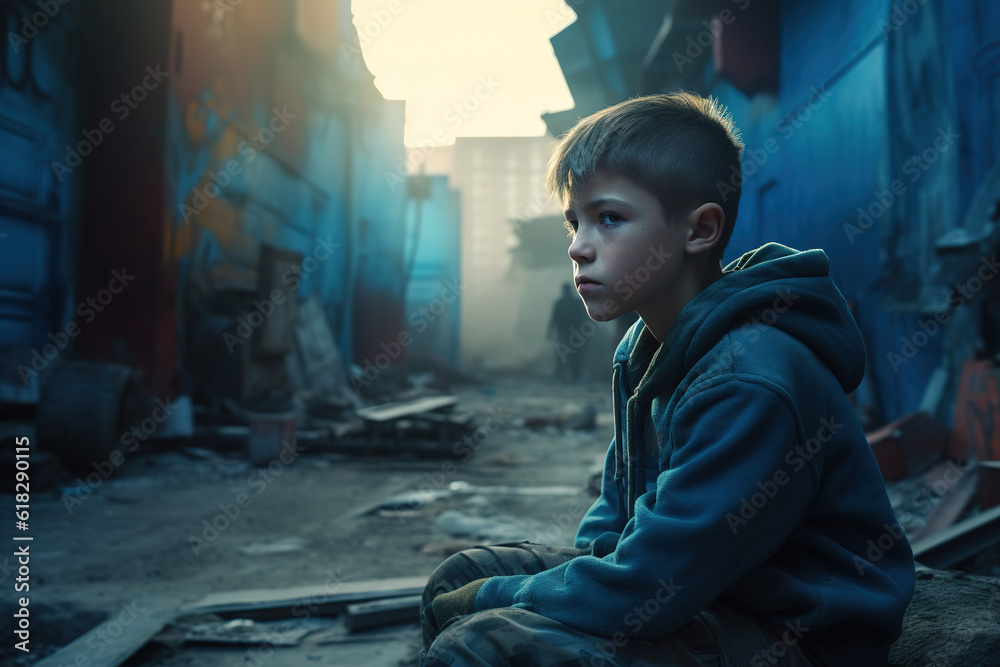 Boy alone in the ghetto in a post-apocalyptic world. Fictional person ...