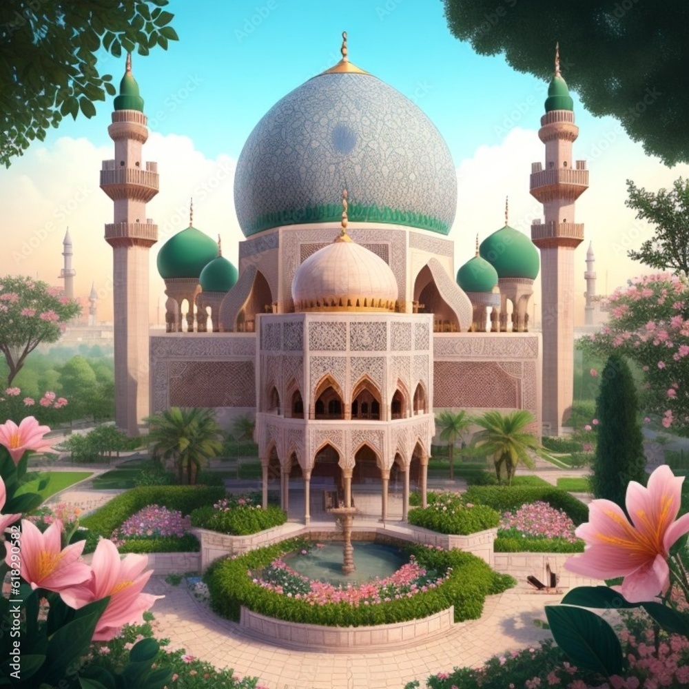 Create a highly detailed illustration of a grand mosque, with intricate ...