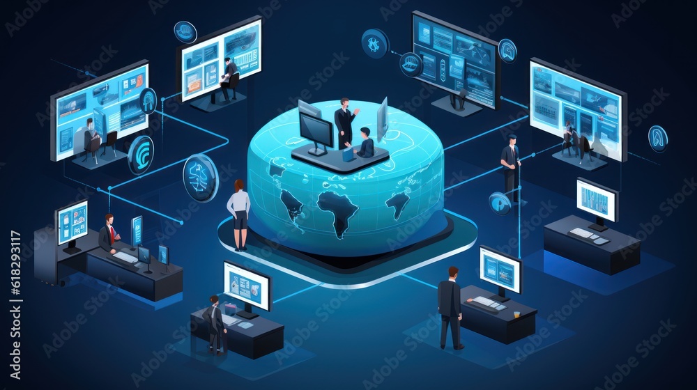 Illustrate a scene depicting robust network security measures, such as firewalls, intrusion ...