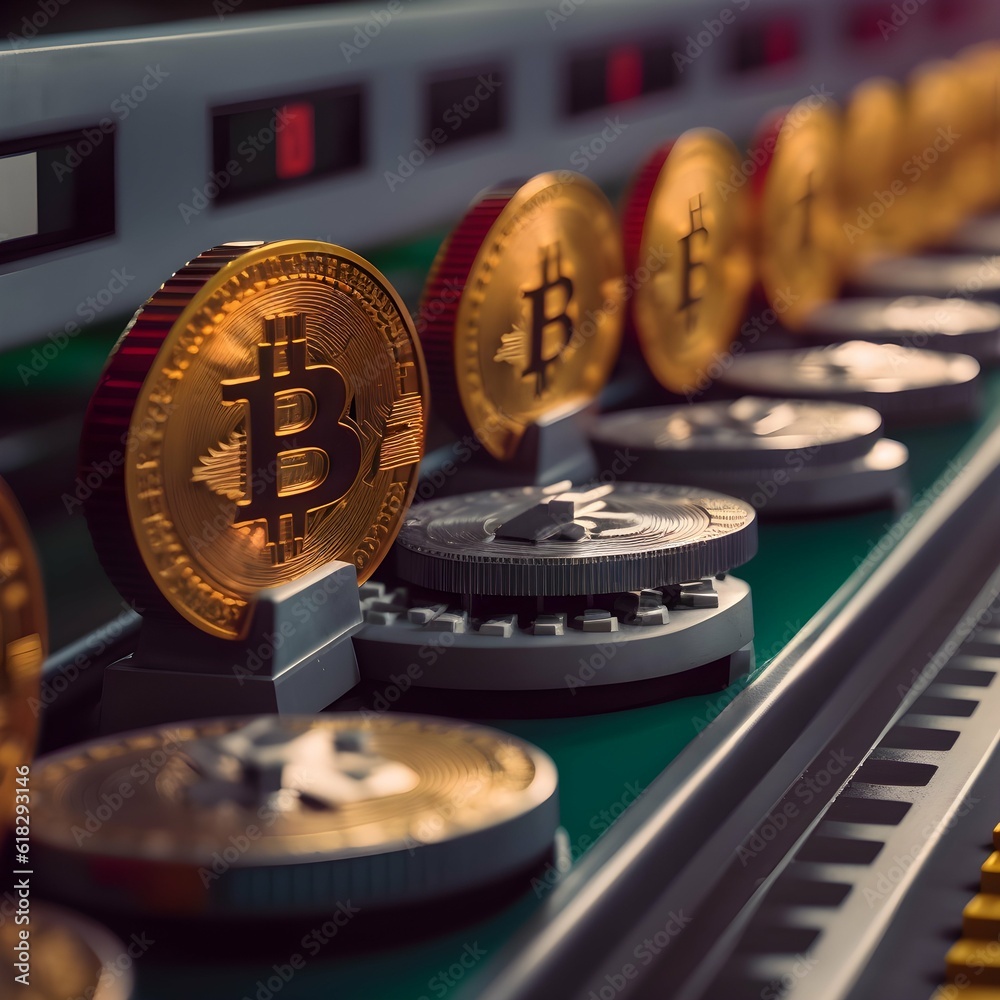 bitcoin coins on conveyor belt packaged 12k incredibly detailed sharp ...