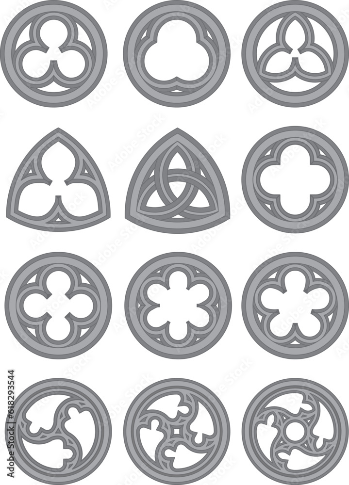 Gothic rose window stained glass illustration collection, circle shape ...