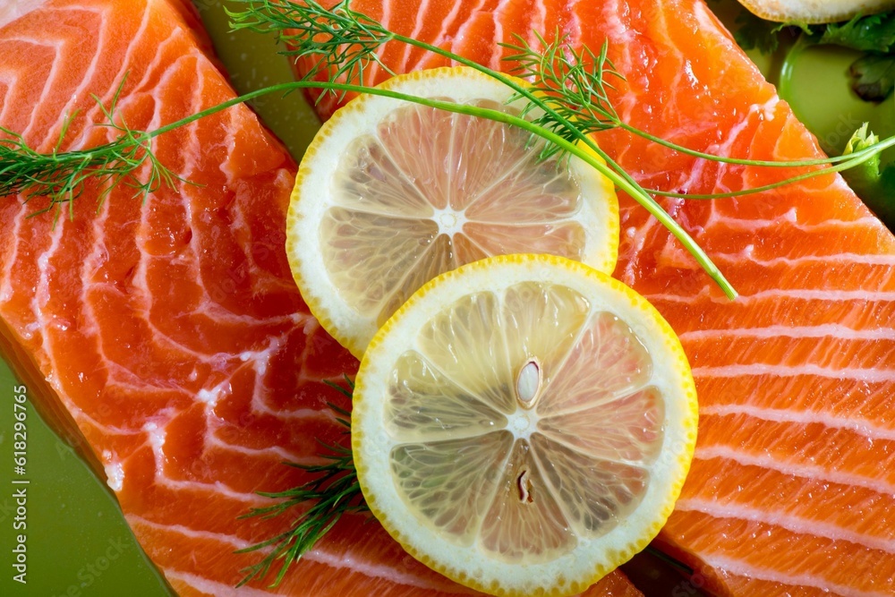 Captivating Top Close-Up of Fresh raw Salmon fish Fillet with Zesty ...