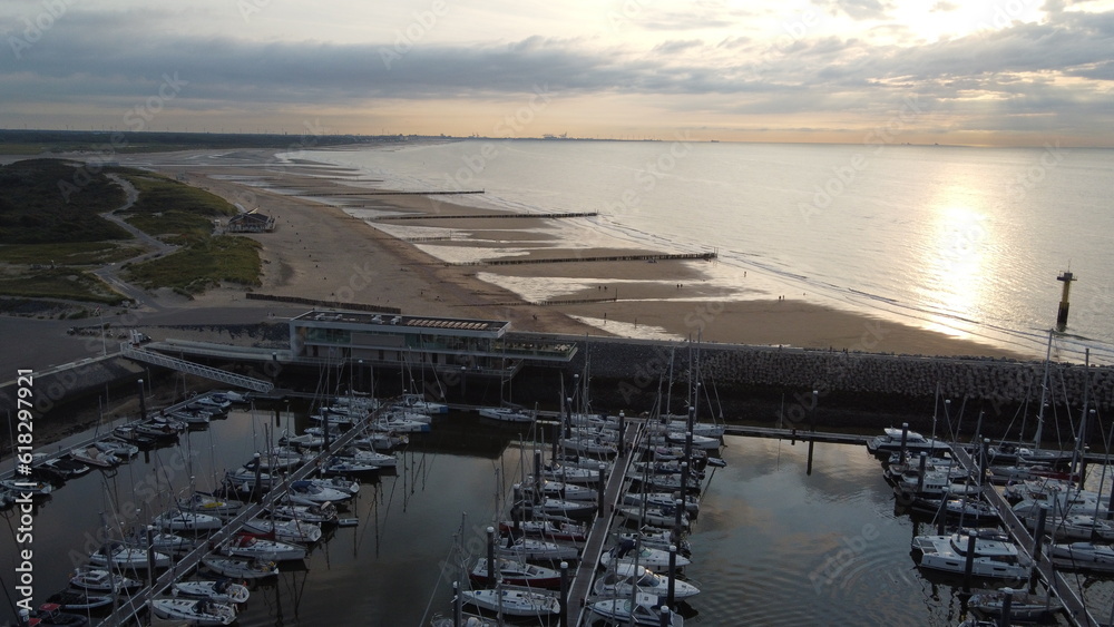 Aerial view of Cadzand harbour and beach in the Netherlands Stock Photo ...