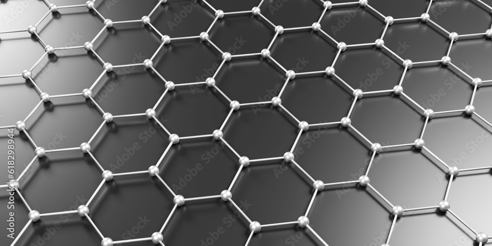 Closeup graphene metal molecule grid, microscopic atoms hexagon mesh ...