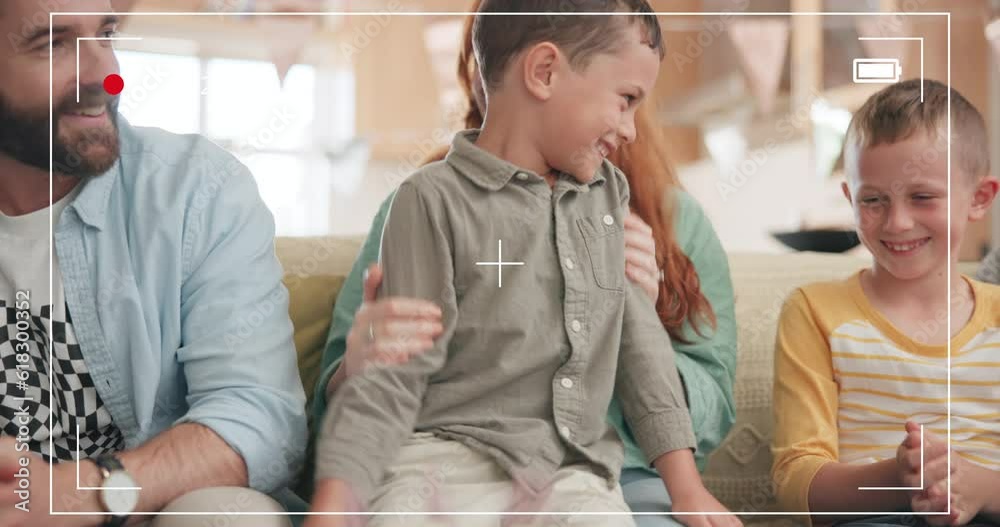 Birthday party, family and children on camera ux for celebration ...