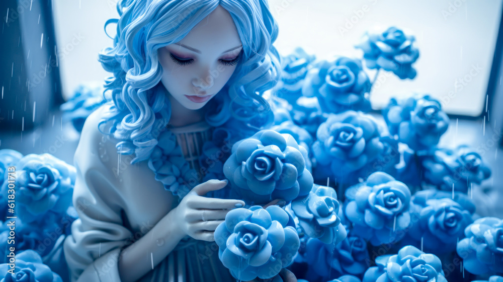 Sad Doll Face with Roses in Rain Illustration Generative AI Wallpaper ...