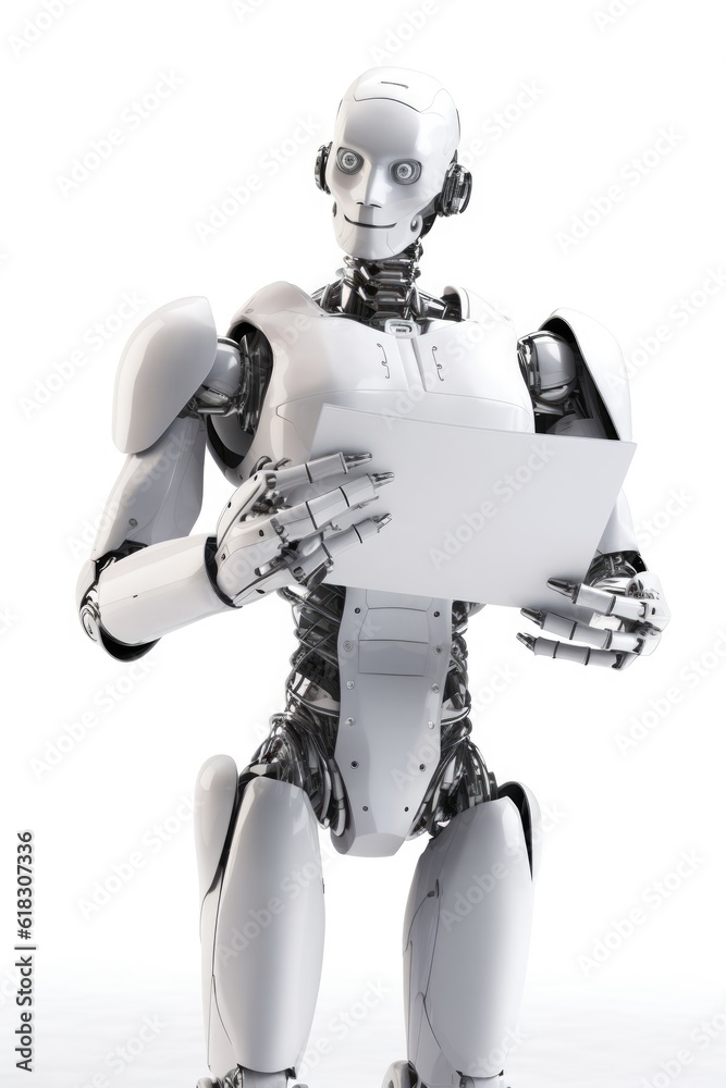 Human white robot holding white paper. White anthropomorphic robot ...