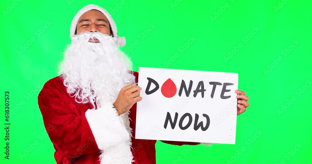 Christmas, poster and blood donation with santa on a green screen ...