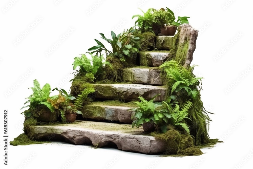 Cut out stairs made of large stone steps. Staircase lined with green ...