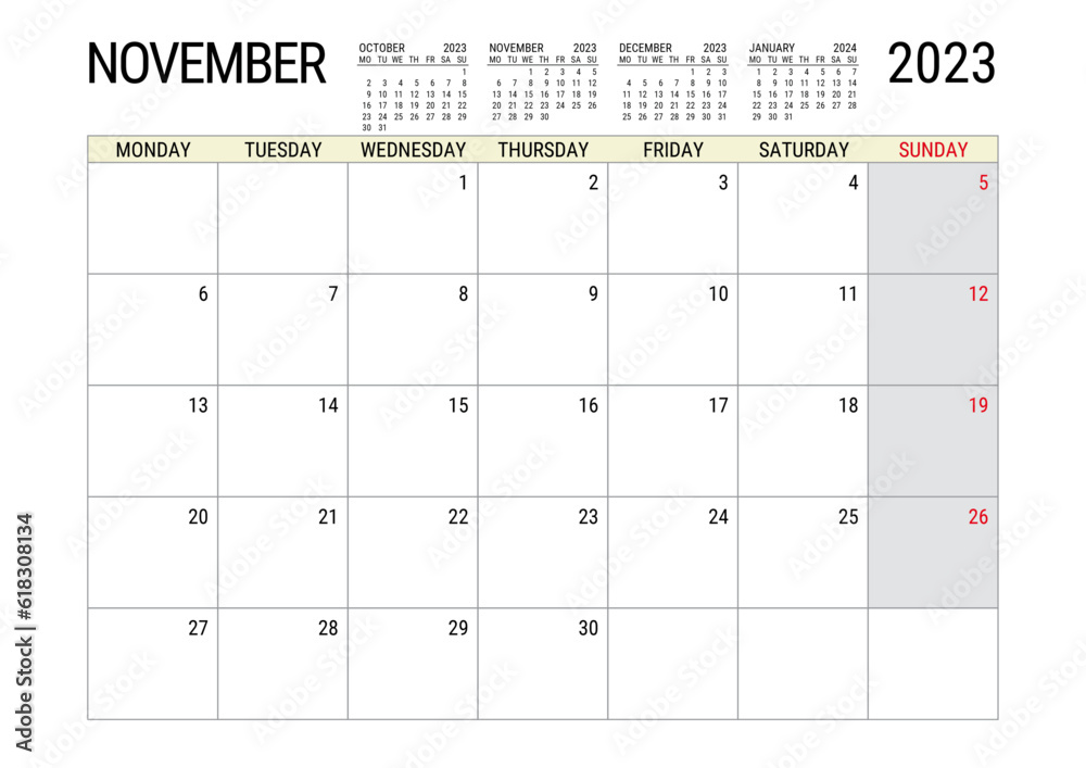 November Calendar Planner Monthly 2023 Printable A4 Monday Start Stock ...