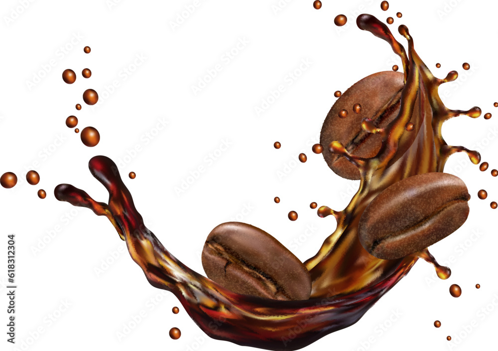 Liquid coffee drink splash with beans. Isolated realistic 3d vector ...