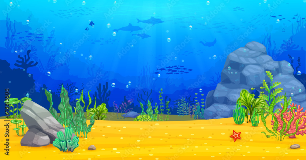 Underwater sea landscape, arcade game ocean level. Cartoon vector ...