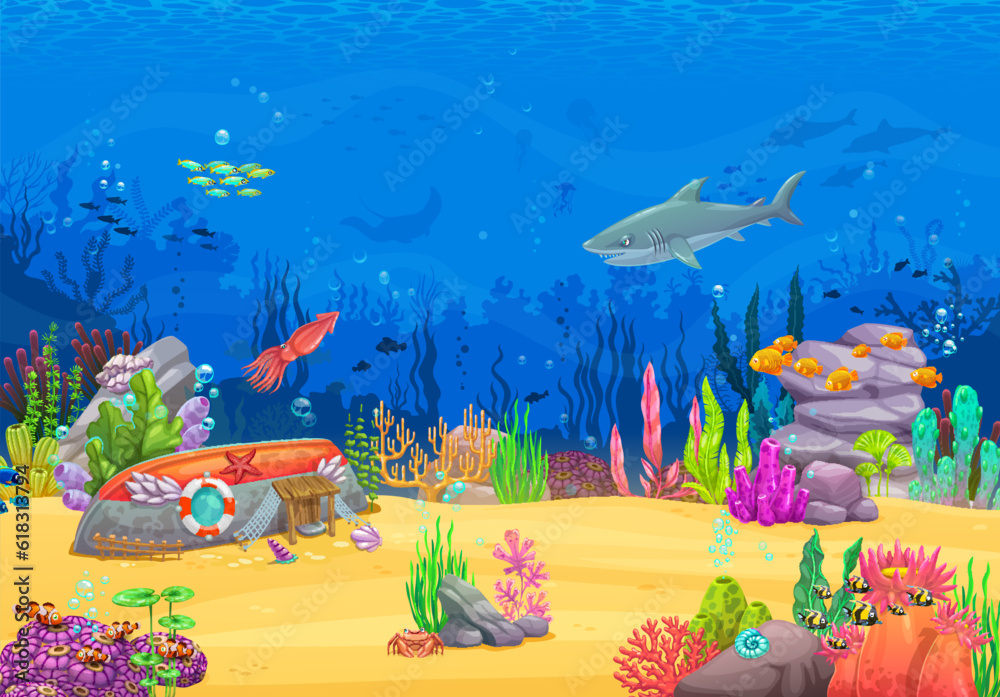 Underwater cartoon landscape with shark, sunken boat, squid, fish shoal ...
