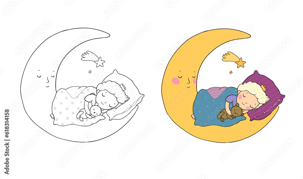 Vetor de The little prince is sleeping on the moon. Cute cartoon boy in ...