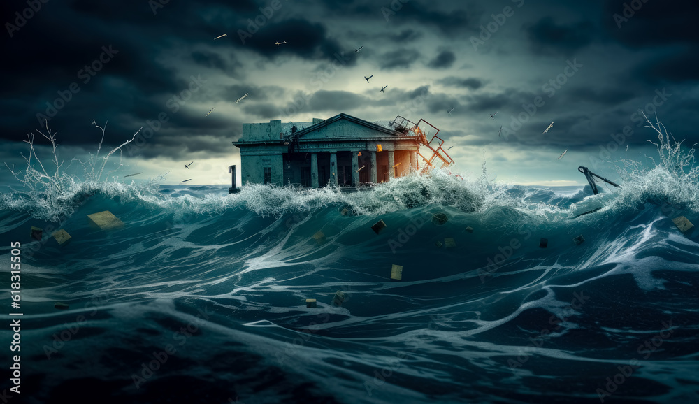 Bank drowning in the ocean, Bank falling part, Banking crisis. Stock ...