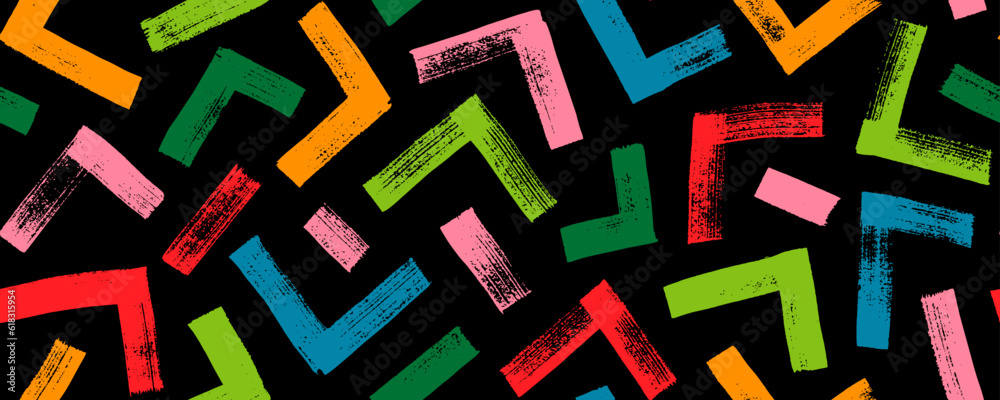 Multi colored triangle seamless pattern on black background. Hand drawn ...