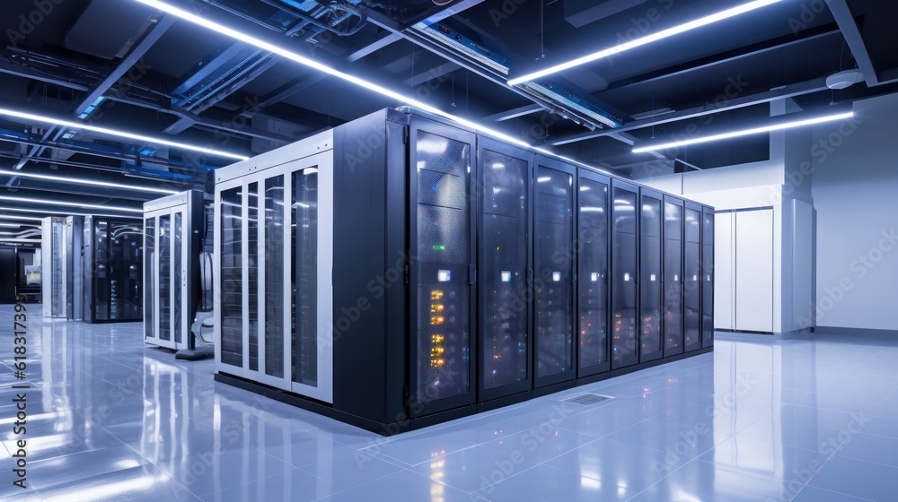 Depict a state of the art data center with rows of server racks ...
