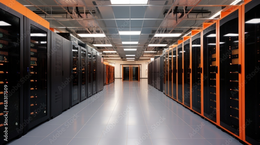Depict a state of the art data center with rows of server racks ...