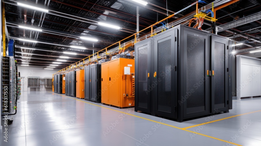 Depict a state of the art data center with rows of server racks ...