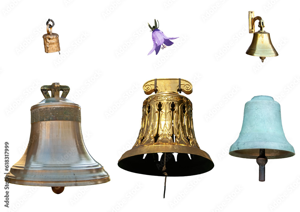 Collection of different types of shiny metallic, golden, copper, bronze ...
