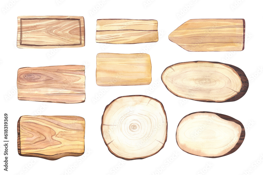 Watercolor set the wooden pointer street signs guidepost. Textured wood ...