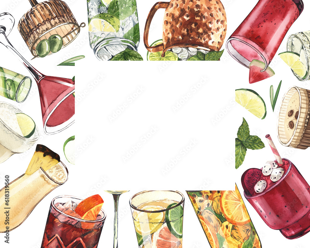 Watercolor frame, cocktail glasses: martini, gin,margarita,mojito ...