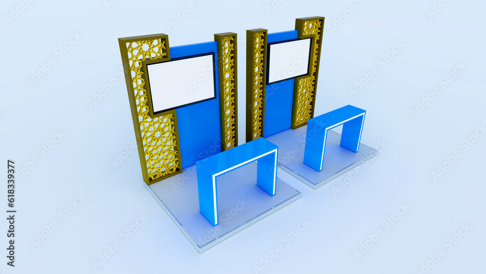 3d illustration stand booth TV LED screen islamic ornament decoration ...
